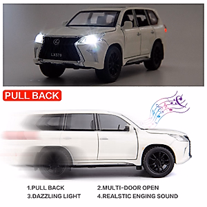 BDTCTK 1/32 Compatible for Lexus LX570 Off-Road in Luxury SUV Model Car, Zinc Alloy Pull Back Toy car with Sound and Light for Kids Boy Girl Gift(White)