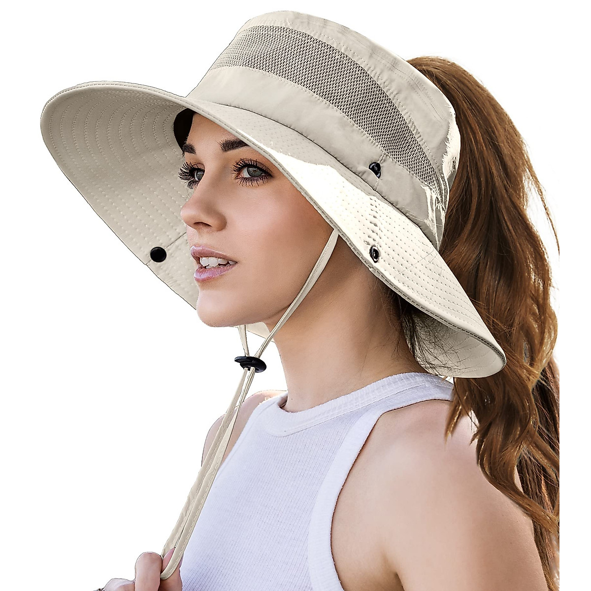 Sun Hat with High Ponytail Hole for Women, UPF 50+ UV Protection Safari Hiking Wide Brim Foldable Waterproof Beach Bucket Hat Beige