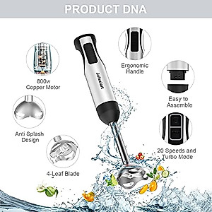 Immersion Hand Blender,5 in1 Emulsion Blender 800W 20 Speed, 500ML Chopper, 600ML Beaker, Stainless Steel Whisk and Milk Frother for Smoothie, Baby Food, Sauces,Puree, Soup,Milk coffee（BPA-free）