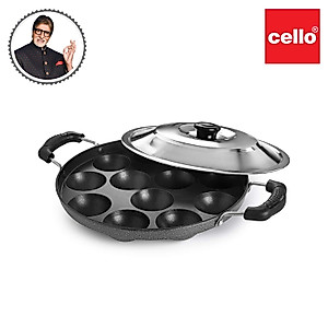 Cello Non-Stick 12 Cavity Appam Patra 2 Side Handle with Stainless Steel Lid