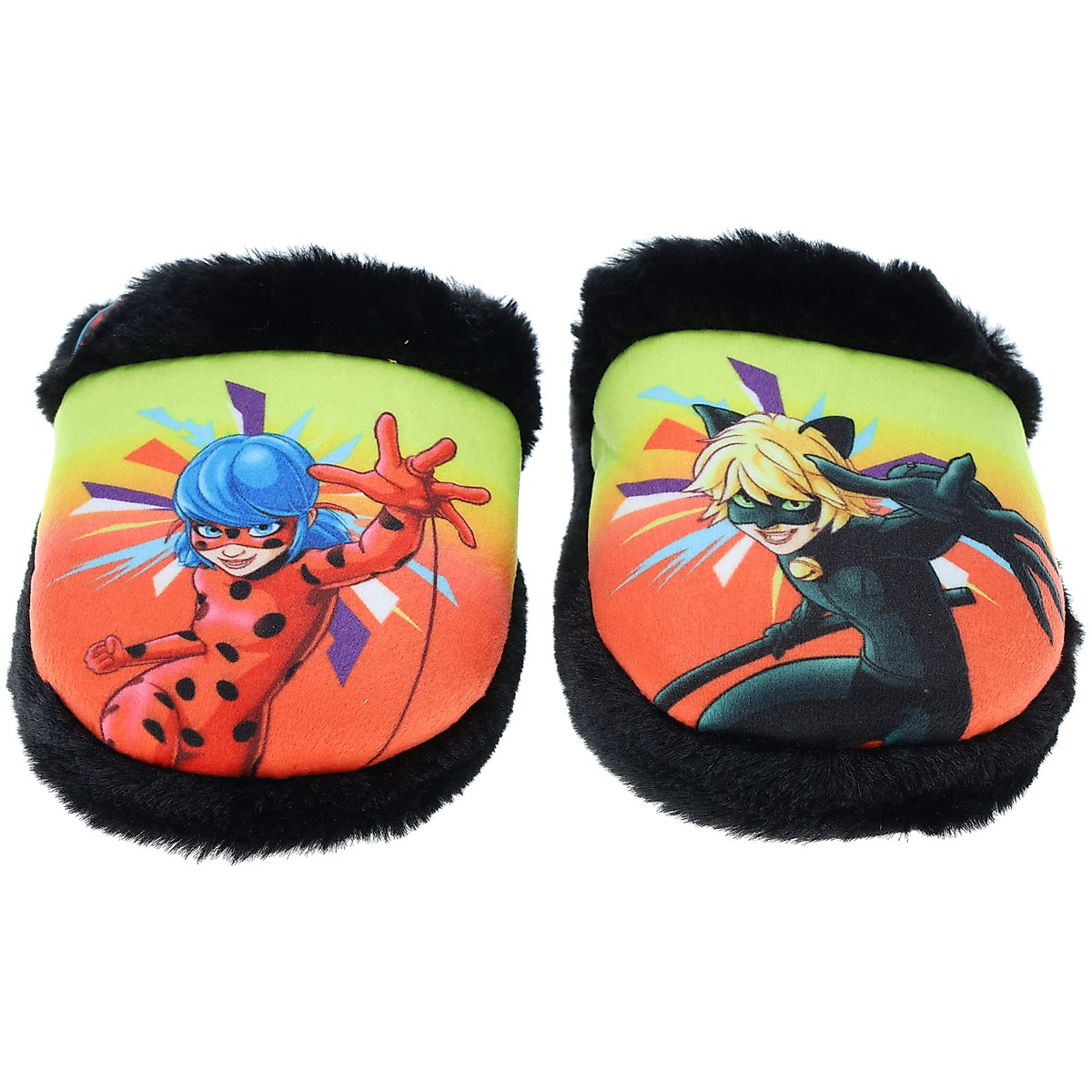 Miraculous Ladybug Girls' Slipper Scuff, Mismatch Ladybug and Cat Noir, Black/Red, Little Kid Size 12/13
