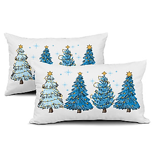 Blue Christmas Tree Lumbar Throw Pillow Covers 12X20 In Set of 2 Xmas Tree Lights Stars Decorative Rectangle Pillow Cases Winter Holiday Pillow Cover Farmhouse Home Decor For Living Room Sofa Couch