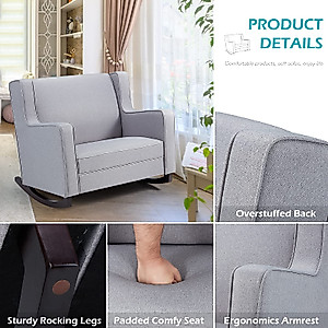 Esright Nursey Rocking Chair, Extra Wide Wingback Tufted Upholstered Chair, Baby Rocker for Nursery Comfortable Relax Glider Chair and A Half, Light Grey