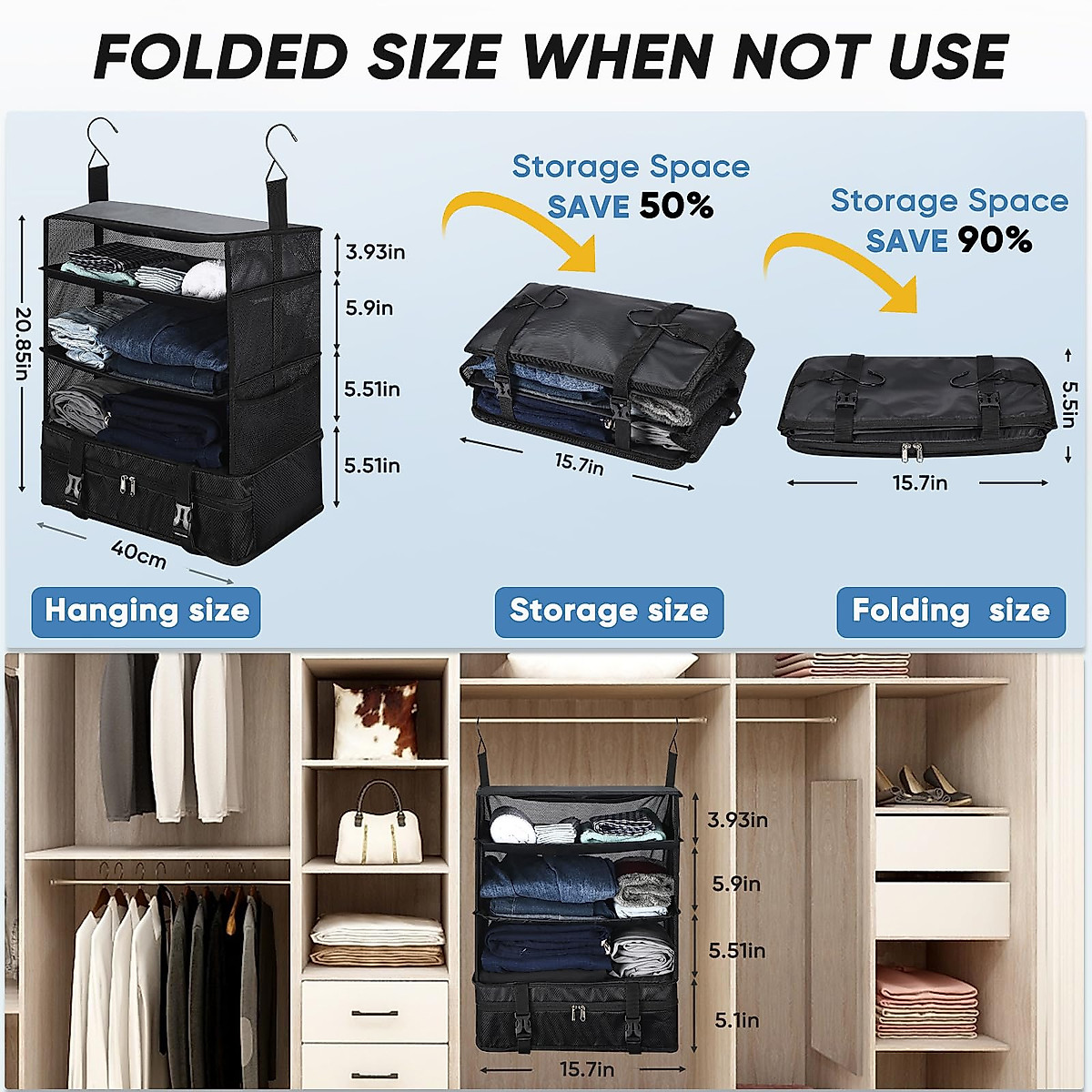 OUMEDUO Portable Hanging Travel Shelves, Upgraded Premium Durable Oxford Packing Cubes for Suitcases Hanging Carry on Closet Luggage Organizers for Travel (Black)