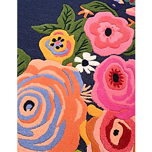 Handmade Colorful Roses Floral Wool Area Rug | Irregular Shape, Blossom & Vibrant Multi-Colored Garden Flower Pattern | Thick & Soft Carpet for Living, Bedroom & Kitchen Deco (Navy, 5' x 8')