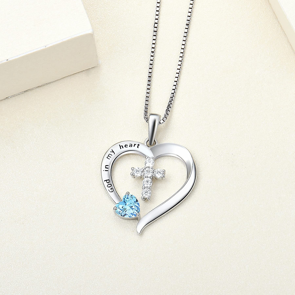 YL Women's Heart Cross Necklace 925 Sterling Silver Created Aquamarine God in my heart'' Pendant Crucifix Jewelry