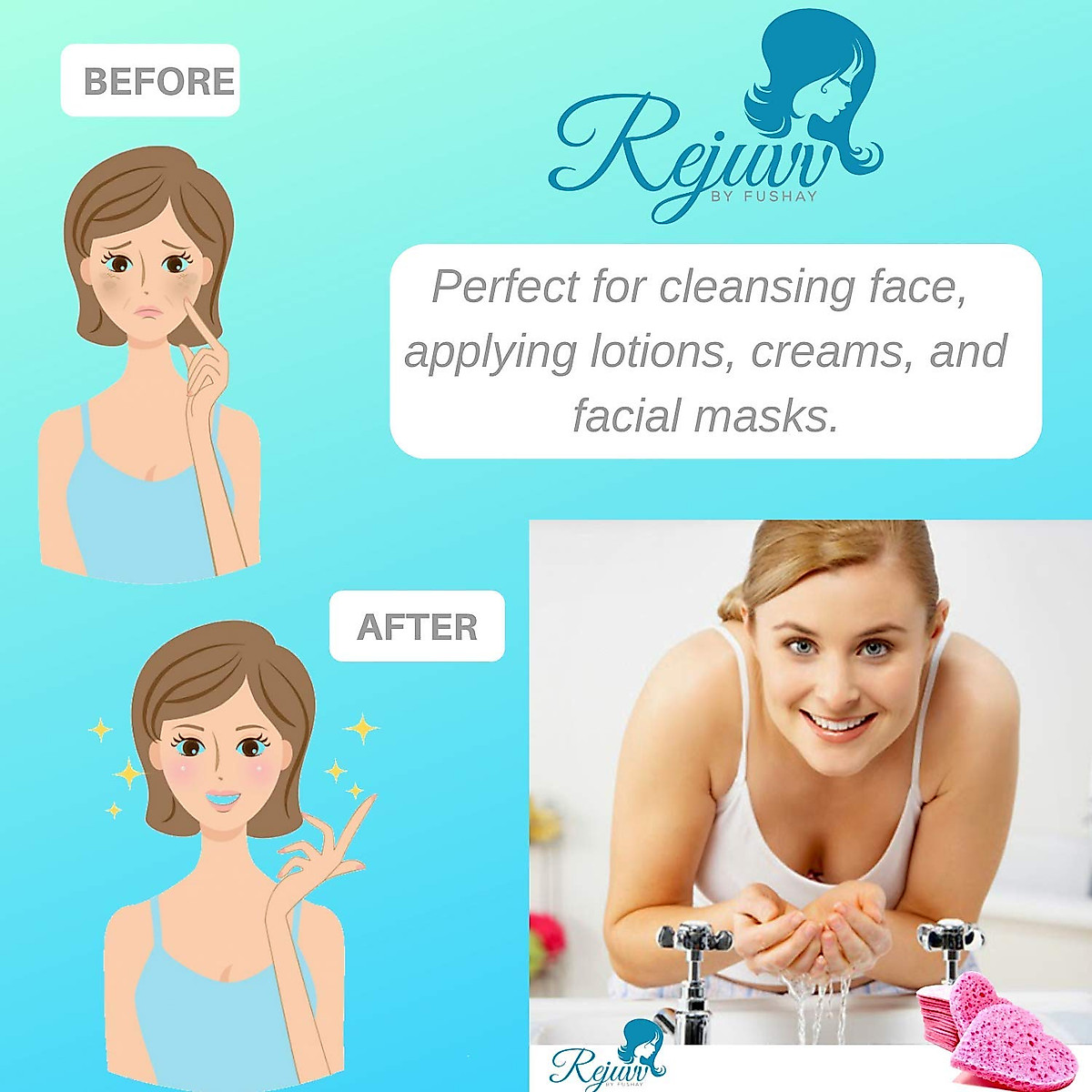 Facial Sponges Compressed Natural Cellulose Sponge for Face Cleansing Exfoliating and Makeup Removal, Professional use Deep Clean - Rejuvv by Fushay (50 Count (Pack of 1))