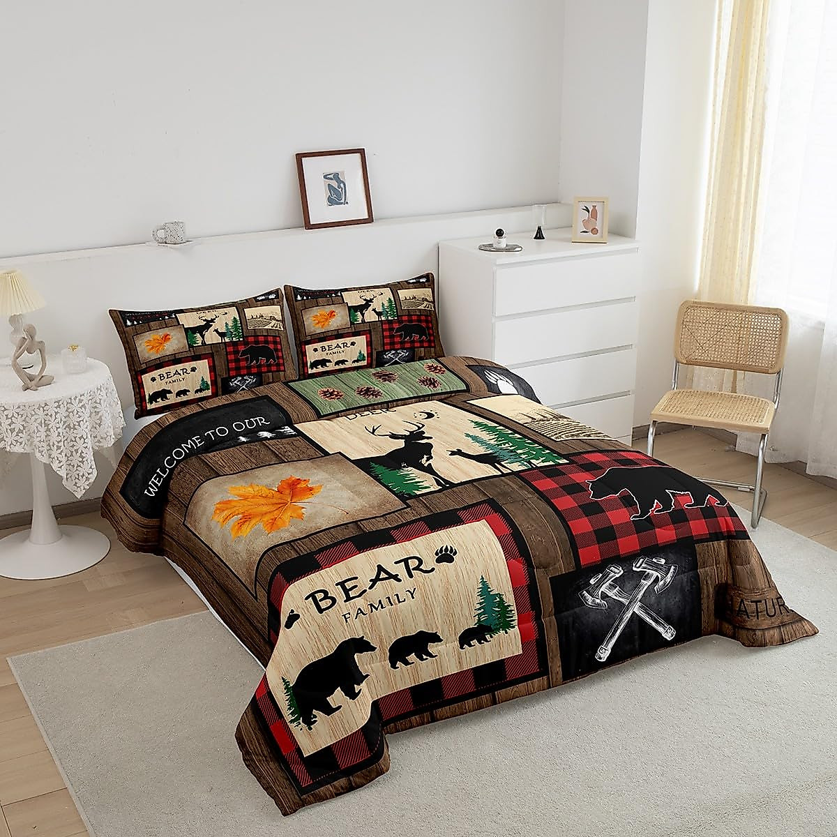 Manfei Rustic Comforter Set King Size, Wildlife Deer Bear Trees Print Quilt Set with 2 Pillowcases, Farmhouse Style Camping Bedding Set 3pcs for Kids Boys Teens Bedroom Decor