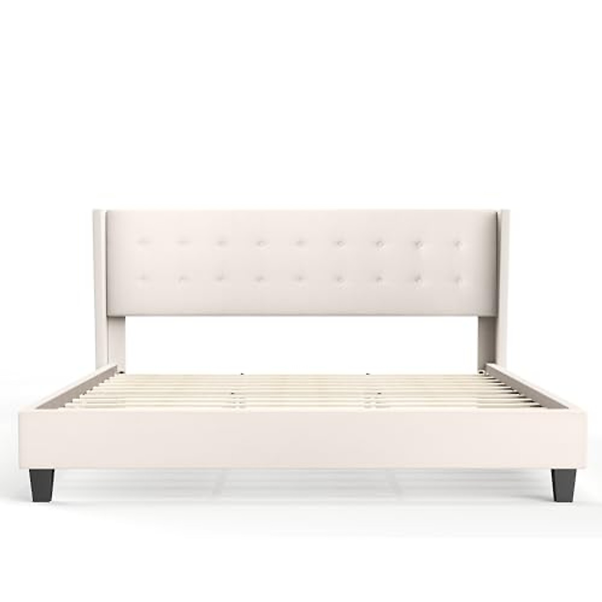 BONSOIR Bed Frame Upholstered Traditional Low Profile Platform with Wing Back Headboard/No Box Spring Needed/No Bed Skirt Needed/Linen Fabric Upholstery/Sand (Cream, Queen Size)