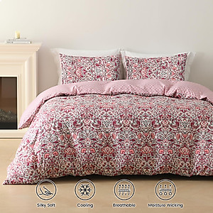 Rosecret King Size Duvet Cover,Viscose derived from Bamboo,Cooling for Hot Sleepers,Red Floral Solid Reversible,1 Duvet Cover 2 Pillowcases with Corner Ties,Button Closure