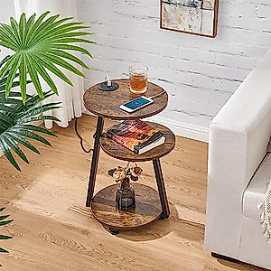 BEWISHOME Round End Table with Charging Station, Side Table Accent Table Nightstand Bedside Table with 3-Tier Shelves, Small Table for Living Room Bedroom Couch Table Coffee Table Rustic Brown KTZ51Z