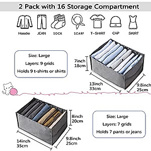 2 Pack Upgraded Jeans T-Shirts Organizer, Wardrobe Clothes Dividers Organizer, Foldable Closet Drawer Storage Box for Jeans Legging T-Shirts Sweat Pant Baby Clothes - Large, Grey