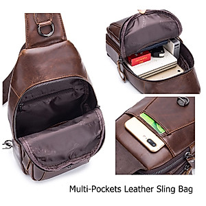 BULLCAPTAIN Leather Sling Bag for Men Multi-pocket Crossbody Chest Bag Travel Casual Shoulder Backpack (Brown)
