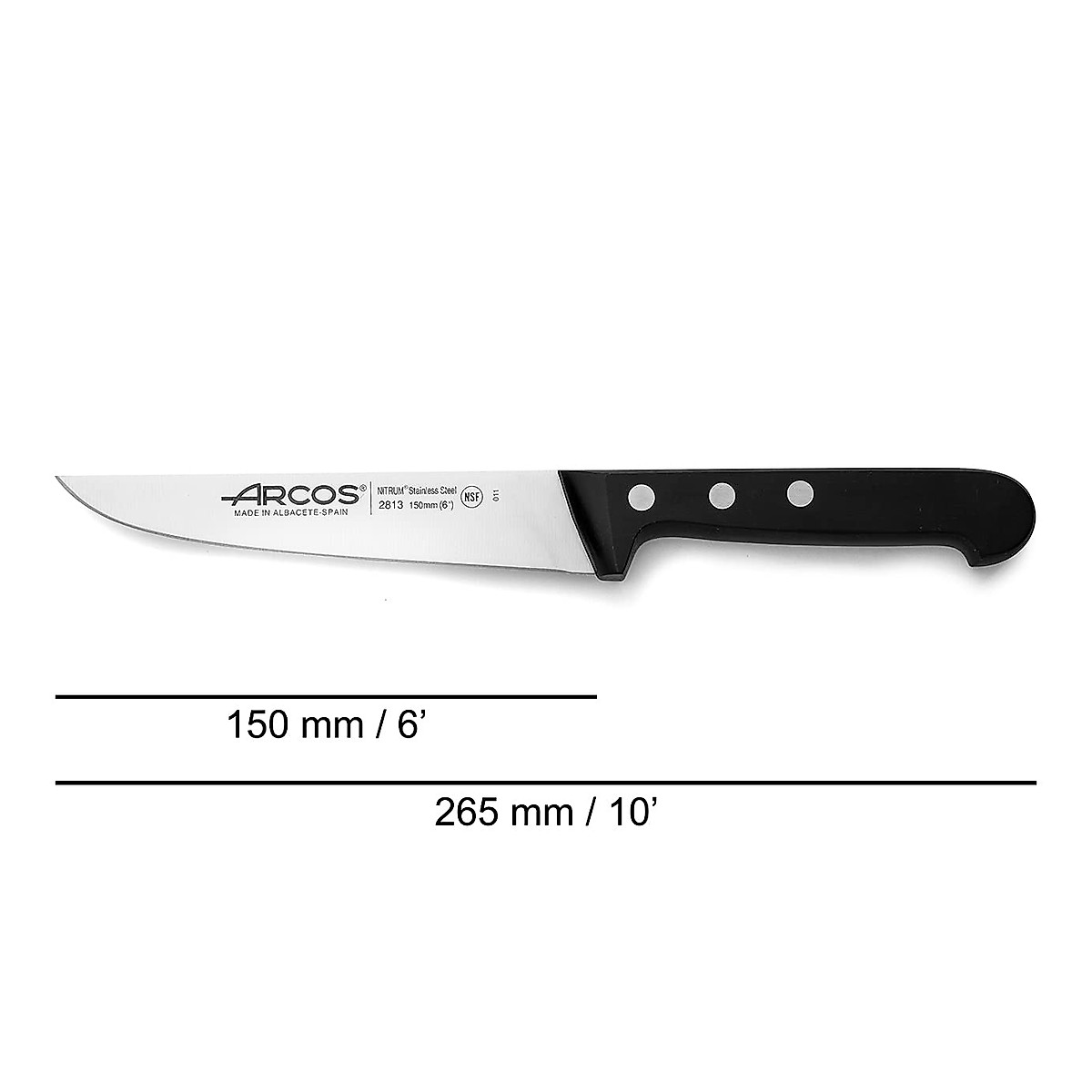 Arcos Kitchen Knife 6 Inch Nitrum Stainless Steel and 150 mm blade. Professional Utilty Knife. Ergonomic Polyoxymethylene POM Handle. Series Universal. Color Black