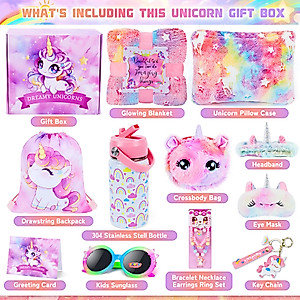 Unicorn Toys for Girls Kids Toys 5 6 7 8 9 10+ Years Old, Kids Unicorn Gifts with Glowing Blanket/ Water Bottle/ Eye Mask/Headband/Crossbody Bag/Sunglass/12PCS Birthday Gift Toys for Girls 6-10+