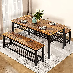 Lamerge 3-Piece Dining Table Set, Rustic Dining Table with Storage, Kitchen Table and Chairs Set for 4, Dining Table Set with 2 Benches, Industrial Dining Table Set for Dining Room, Kitchen