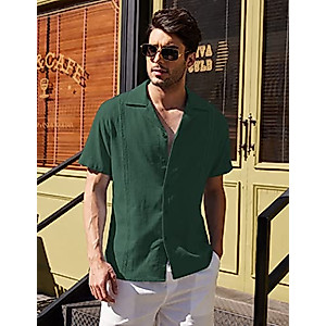 COOFANDY Men's Cuban Guayabera Shirt Linen Short Sleeve Button Down Summer Shirt A - Dark Green