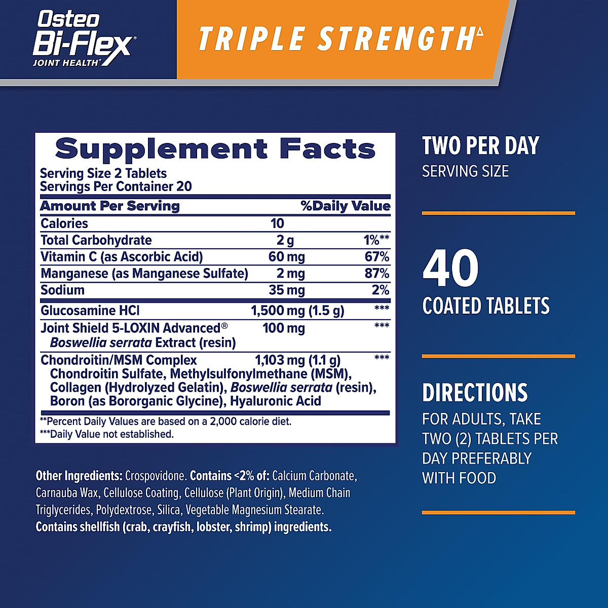 Osteo Bi-Flex Triple Strength(5), Glucosamine Chondroitin with Vitamin C Joint Health Supplement, Coated Tablets, 40 Count