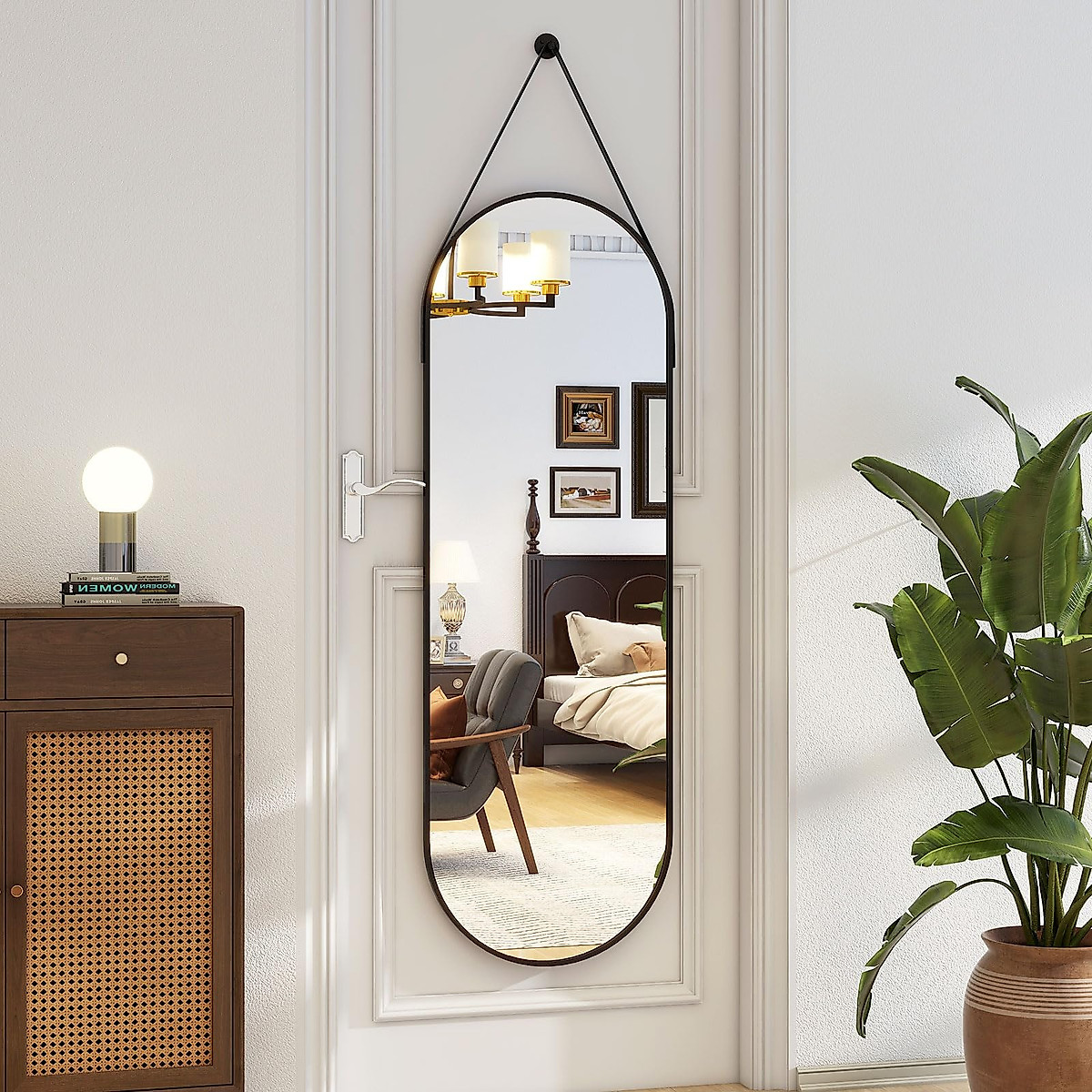 XRAMFY 16''x48'' Full Length Mirror with Hanging Leather Cord,Modern Aluminum Frame Full Body Hanging Mirror for Bathroom Vanity Living Room Bedroom Entrance