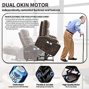 Plococo Lay Flat Sleeping Dual OKIN Motor Lift Recliner Chair with Vabriation Heat Massage for Elderly,Infinite Position Soft Fabric Power Electric Recliner Sofa Chair for Living Room, Brown, 9990