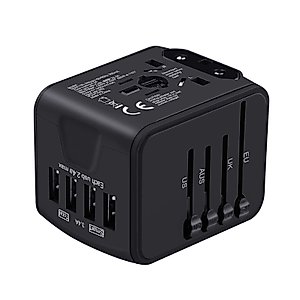 International Travel Adapter Universal Power Adapter Worldwide All in One 4 USB with Electrical Plug Perfect for European US, EU, UK, AU 160 Countries (Black)