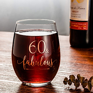 Crisky Rose Gold 60 & Fabulous Wine Glass for Women 60th Birthday Gifts Funny Ideas for Women, Wife, Mom, Sister, Aunt, Friends, Coworker, Her Rose Gold Foil 60 & Fabulous 14oz, with Box