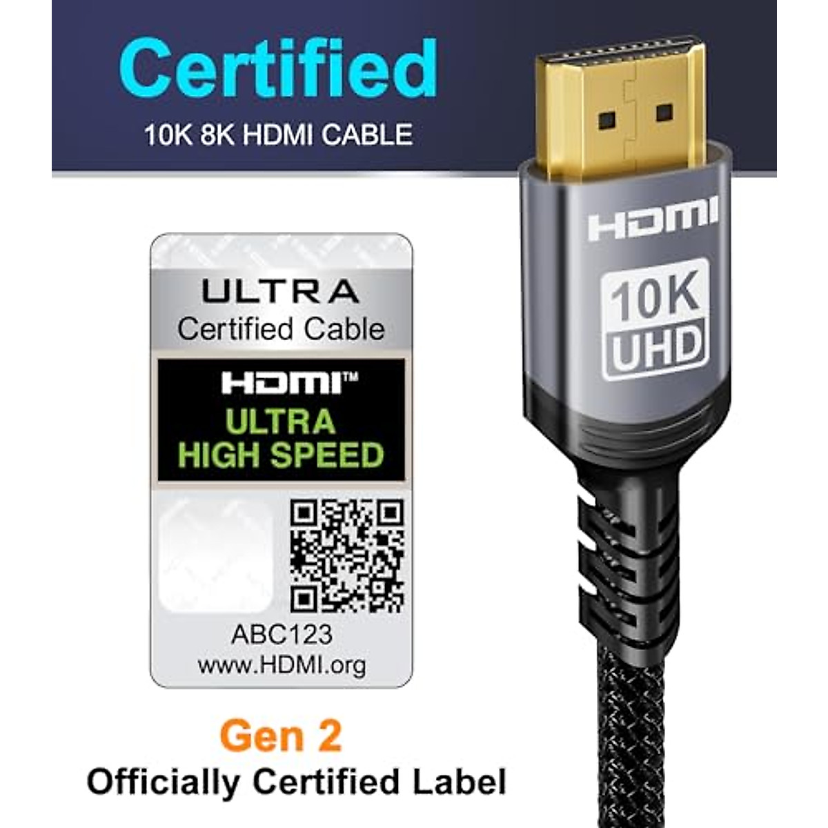 Sniokco 10K 8K HDMI 2.1 Cable 16FT, Certified 48Gbps Ultra High Speed HDMI® Cable 4K 240Hz 165Hz 120Hz 8K 60Hz eARC HDCP2.3 HDR10+ Compatible with PC TV Monitor Projector Ro-ku Sky-Q PS5 X-Box