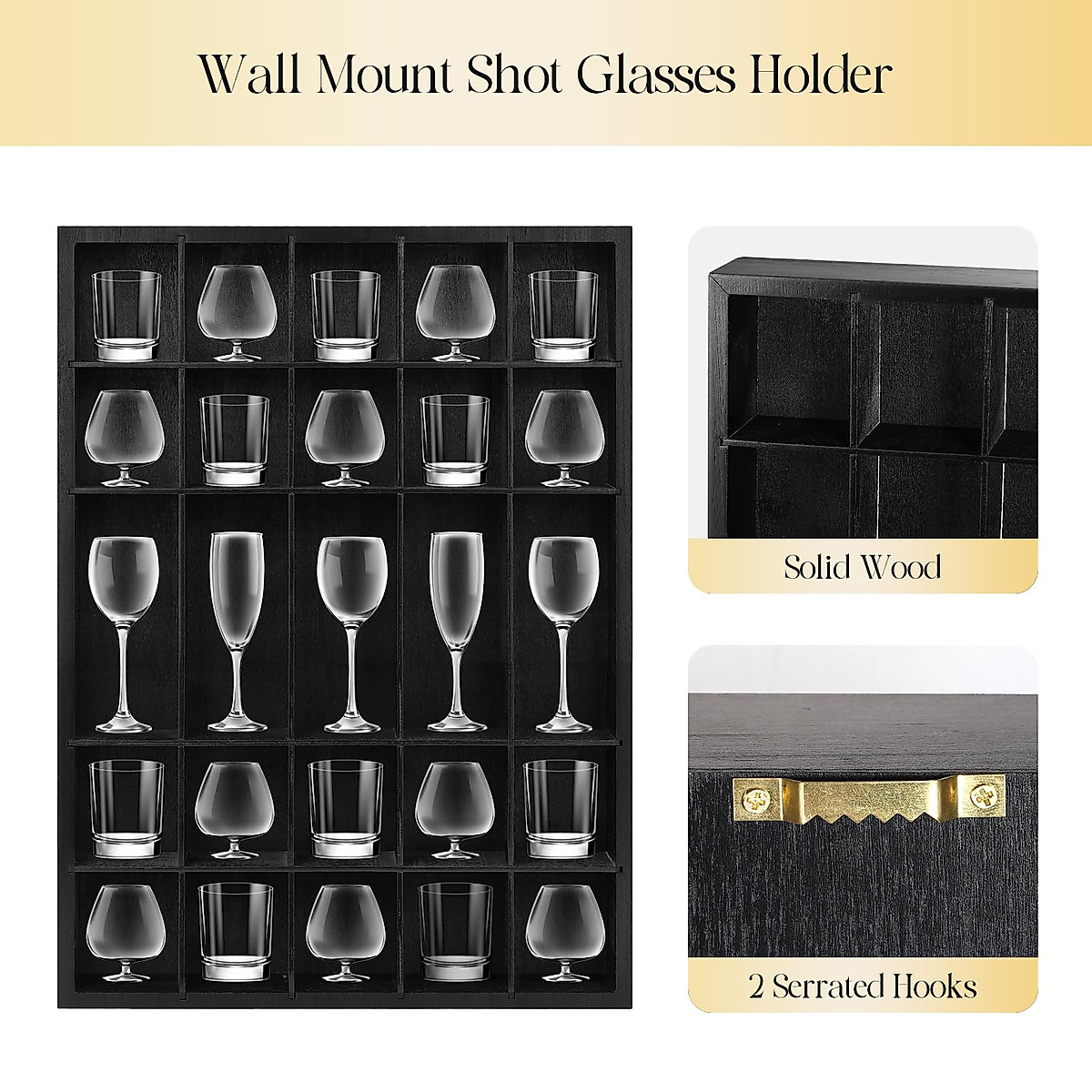 2 Pcs Shot Glass Display Case Black Wooden Shot Glass Holder Display Wall Mounted Shadow Box with Removable Shelves Shot Glasses Shelf Glass Rack Thimble Display Case Shot Glass Storage Case, 30 Slots