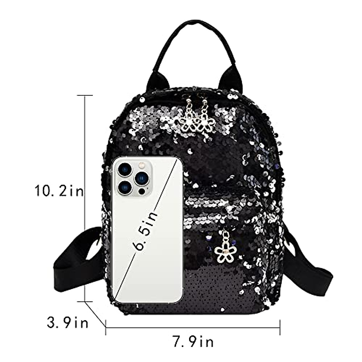 ZLMBAGUS Girls Shining Sequin Faux Leather Backpack Glittery Satchel Fashion Top Handle Shoulder Bag Daypack Purse Black