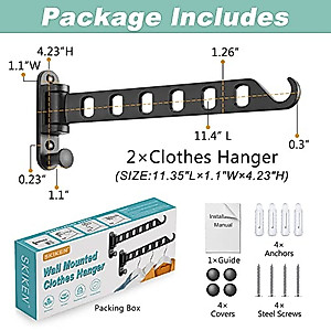 SKIKEN Wall Mounted Clothes Hanger with Swing Arm, Laundry Room Dryer Rack, Folding Valet Hook, Sturdy Hanging, Foldable 180°Rotation, Solid Aluminum (2-Pack, Black)