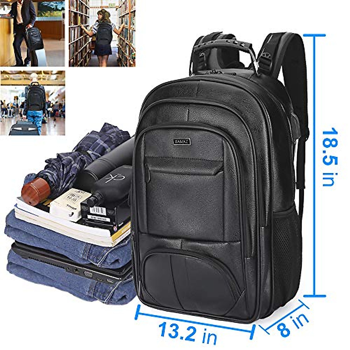 Laptop Backpack Waterproof Leather Backpacks with USB port fit 15.6" Laptops for Men and Women Travel Daypack Backpack Black (Shcool Backpack)