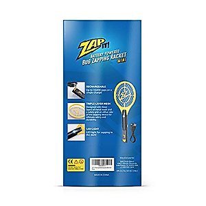 ZAP IT! Bug Zapper Rechargeable Bug Zapper Racket W/ Blue Light Attractant, 4,000 Volt, USB Charging Cable