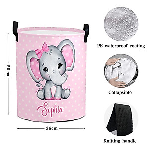 Personalized Wave Point Elephant Pink Waterproof Laundry Basket Handles Collapsible Hamper Storage Basket for Office Bathroom