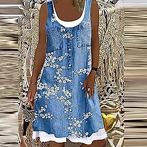 Womens Summer Dress Sleeveless Floral Loose Denim Printed Tank Dress for Women Juniors Casual Flowy Loose Sundress