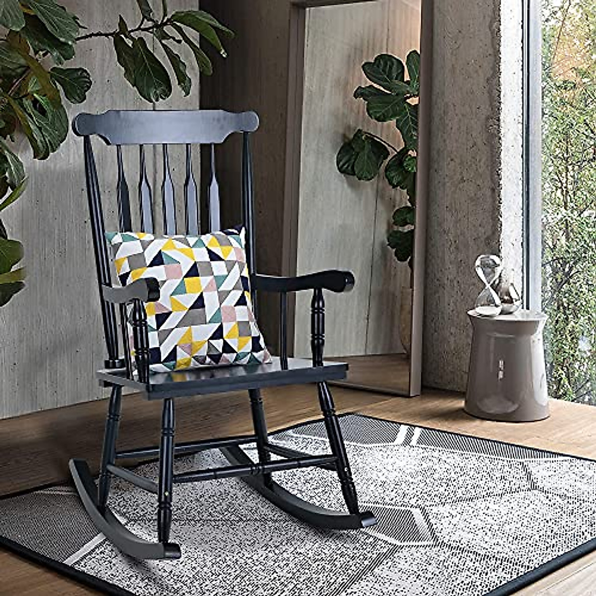 PHI VILLA Outdoor Wood Rocking Chair, Oversized Acacia Wood Slat Back Rocker Chairs for Patio, Deck, Balcony, Porch and Indoor, 30° Safe Recline Support 350 lbs - Black