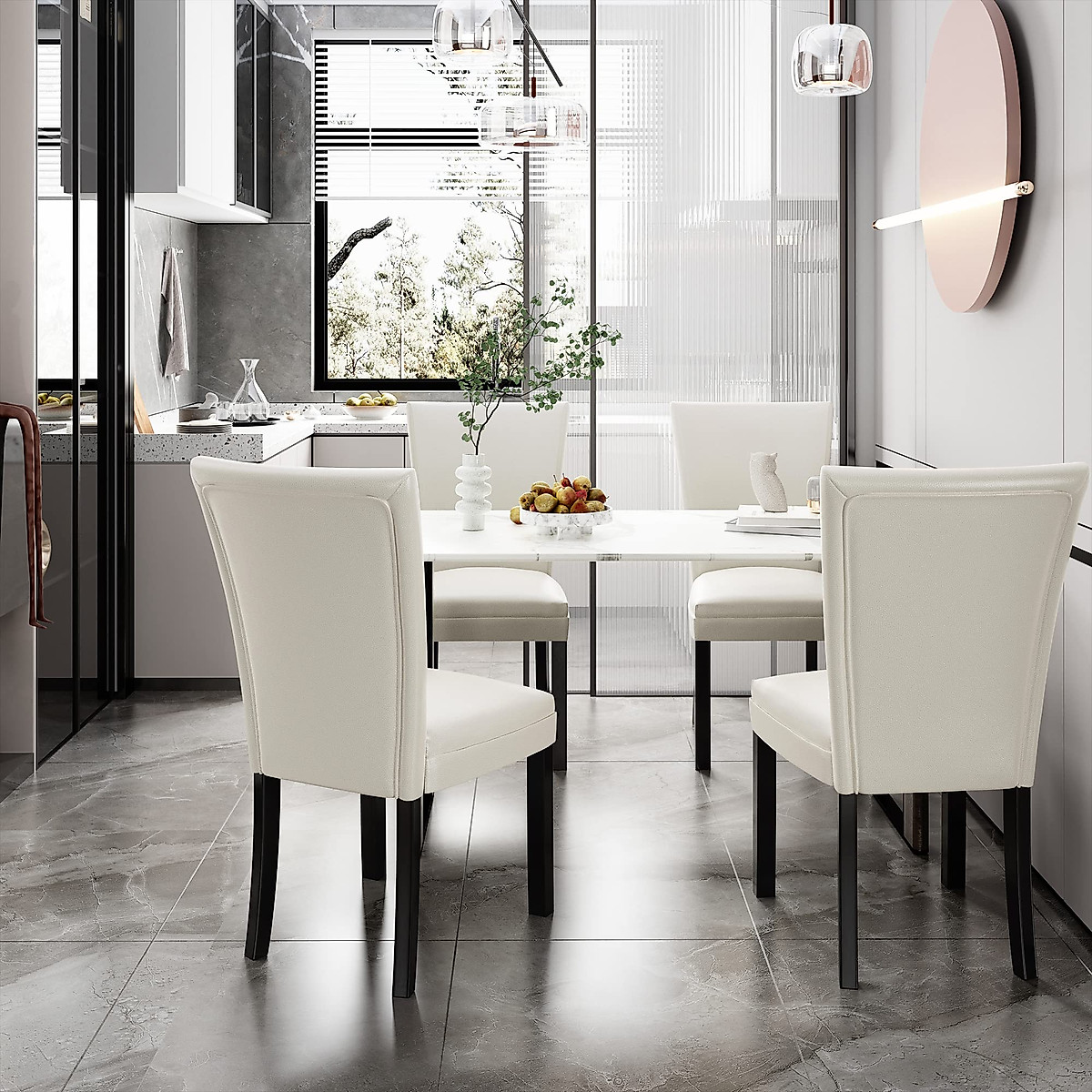 LEEMTORIG White Parsons Chairs Faux Leather Upholstered Dining Room Chairs, Accent Kitchen Chairs Sturdy Dining Chairs Set of 2, Ivory White, CY-1331-WT