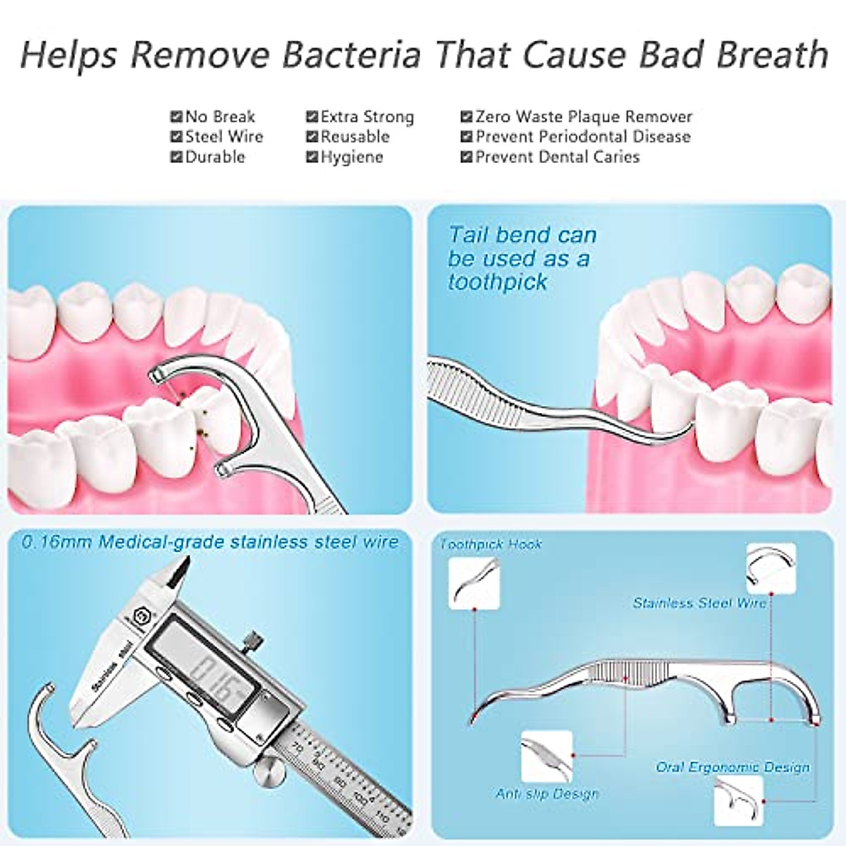 Toothpicks Pocket Set, Dental Floss Picks Kit Reusable, Stainless Steel Teeth Cleaning Tools, Flossers for Adults, Tooth Picker Oral Hygiene Travel (2 Set)