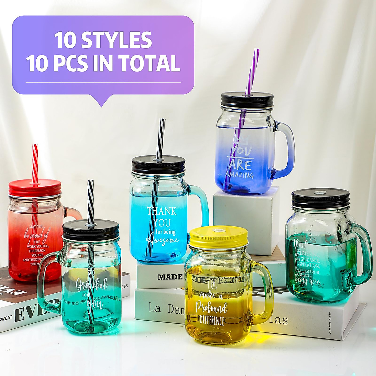 Meanplan Employee Appreciation Gift Bulk 16 oz Thank You Glass Cup with Handles Lids and Straws Mason Jar Mugs for Students Teacher Graduation Coworker Staff Nurse Work Team(Multicolor, 10 Pcs)