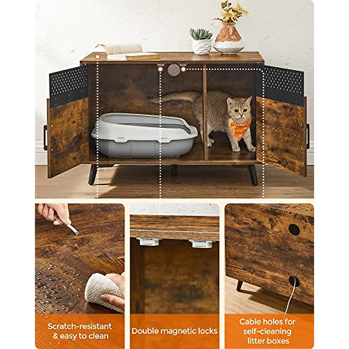 FEANDREA Litter Box Enclosure, Cat Litter Box Furniture Hidden, with Removable Divider, High Legs, Cat House for Indoor Cats, Side End Table, 31.5 x 19.7 x 21.7 Inches, Rustic Brown UPCL006X01