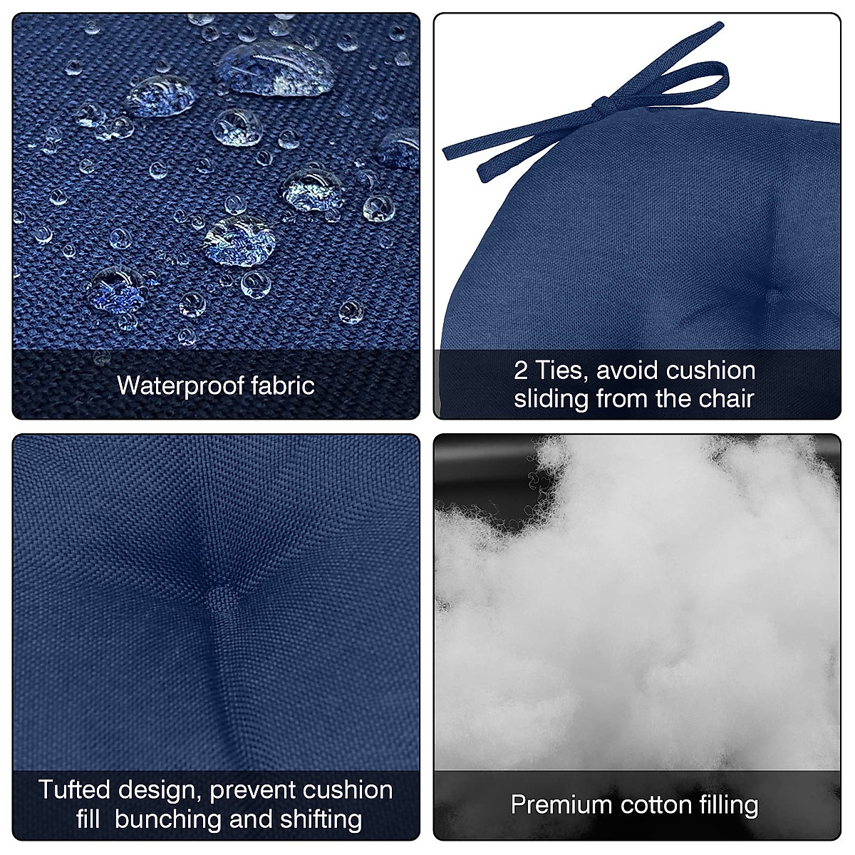 COZPLEN Outdoor Round Bistro Chair Cushions, 15 inch Circular Seat Cushions with Ties for Dining Chairs, Set of 2, Navy Blue