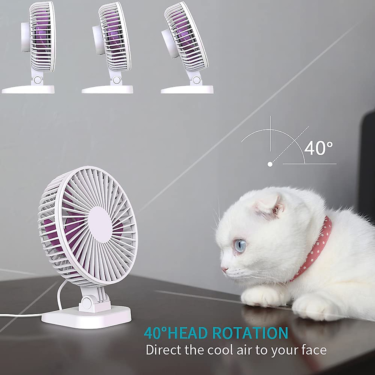 xasla USB Desk Fan with 3 Settings, Small Personal Quiet Desktop Fan with Strong Airflow & 40° Adjustable Tilt Angle, Portable Cooling Mini Fan for Desktop Office Home Bedroom (White)