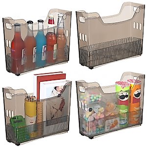 Baderke 4 Pcs Freezer Organizer Bins with Wheel Gray Plastic Narrow Storage Containers for Fruit (10 x 13.3 x 3.5'')