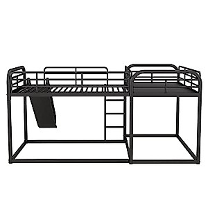 WOXYX Full and Twin Size L-Shaped Bunk Bed,Metal 4 Beds Frame with Slide and Short Ladder,White
