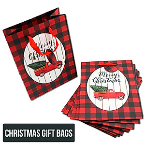 Iconikal Medium Size Christmas Gift Bags, Red Buffalo Plaid with Red Truck, 10-Count Set