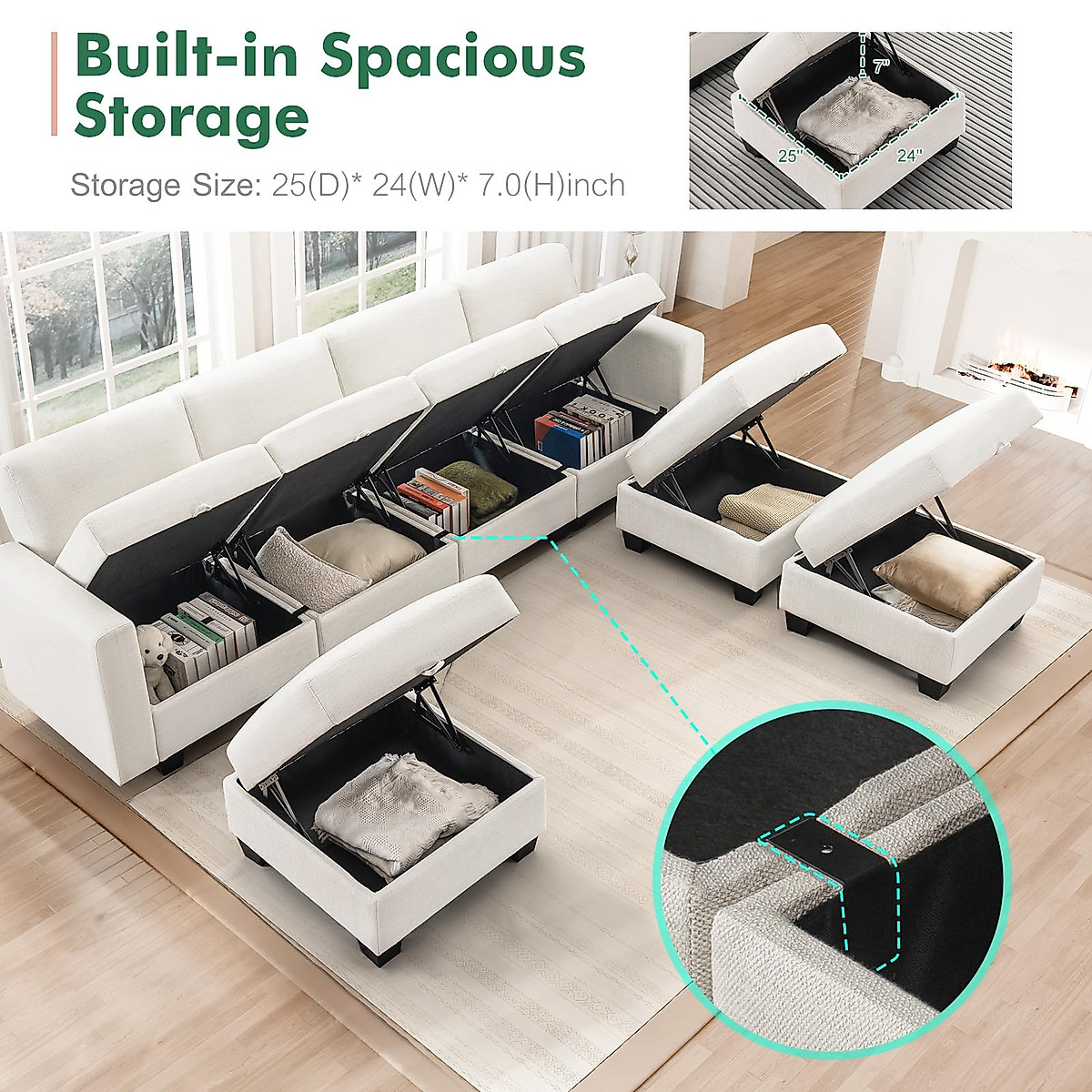 WACASA Convertible Sectional Sofa Couch with Storage, 3 Seat Sofa Modern Linen Fabric Upholstered L-Shaped Couch with 91.5'' Wide Seat, Comfy Sofa Sleeper Couches for Living Room Bedroom, Ivory