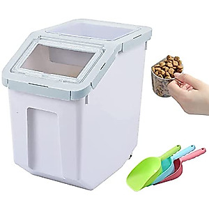 YXQ Dog Food Storage Container Airtight Box Cyan,10kg Bulk Dry Food Grain Storage Barrels Sealed Bucket,Pets Food Bin with Seal Locking Lid, Wheels,Measuring Cup,1pcs Scoops(Random Color)