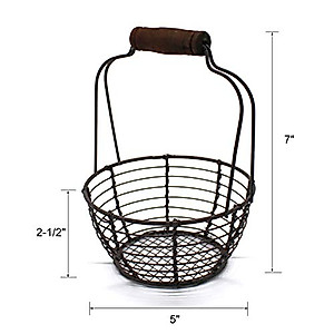 CVHOMEDECO. Metal Wire Mini Egg Baskets Rust Gathering Baskets with Wooden Handle Country Vintage Style Storage Baskets. Set of 2
