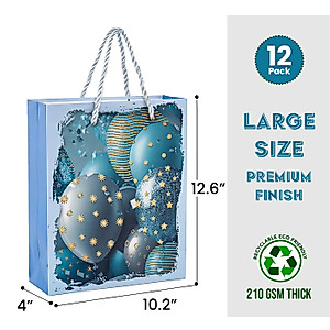 Fizzy and Folly, Large Gift Bags with Handles - Pack of 12, Balloons Party Favor Bags | Gold Foil Print Reusable Gift Bag for Anniversary | Goodie Bags | Gift Bags Bulk Return Gifts for Birthday Party