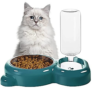 Azwraith Dog Bowls, Cat Food and Water Bowl Set with Water Dispenser and Stainless Steel Bowl for Cats and Small Dogs - Dark Green