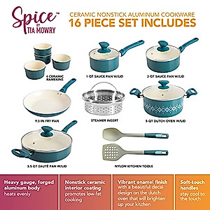 Spice by Tia Mowry Savory Saffron 16-Piece Healthy Nonstick Ceramic Cookware Set - Teal